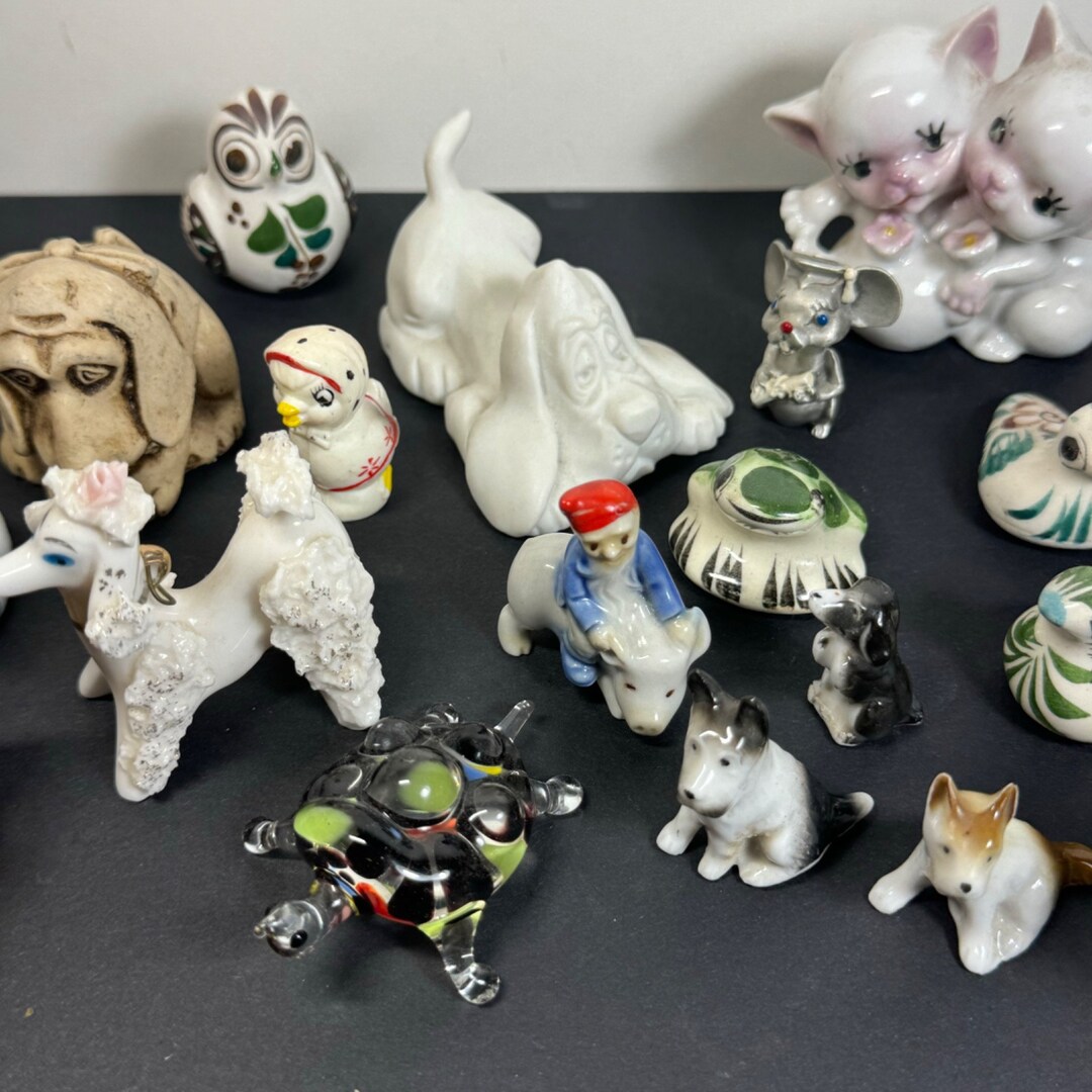 Vintage Lot of Small Animal Figurines Cats Dogs Birds Glass Metal ...