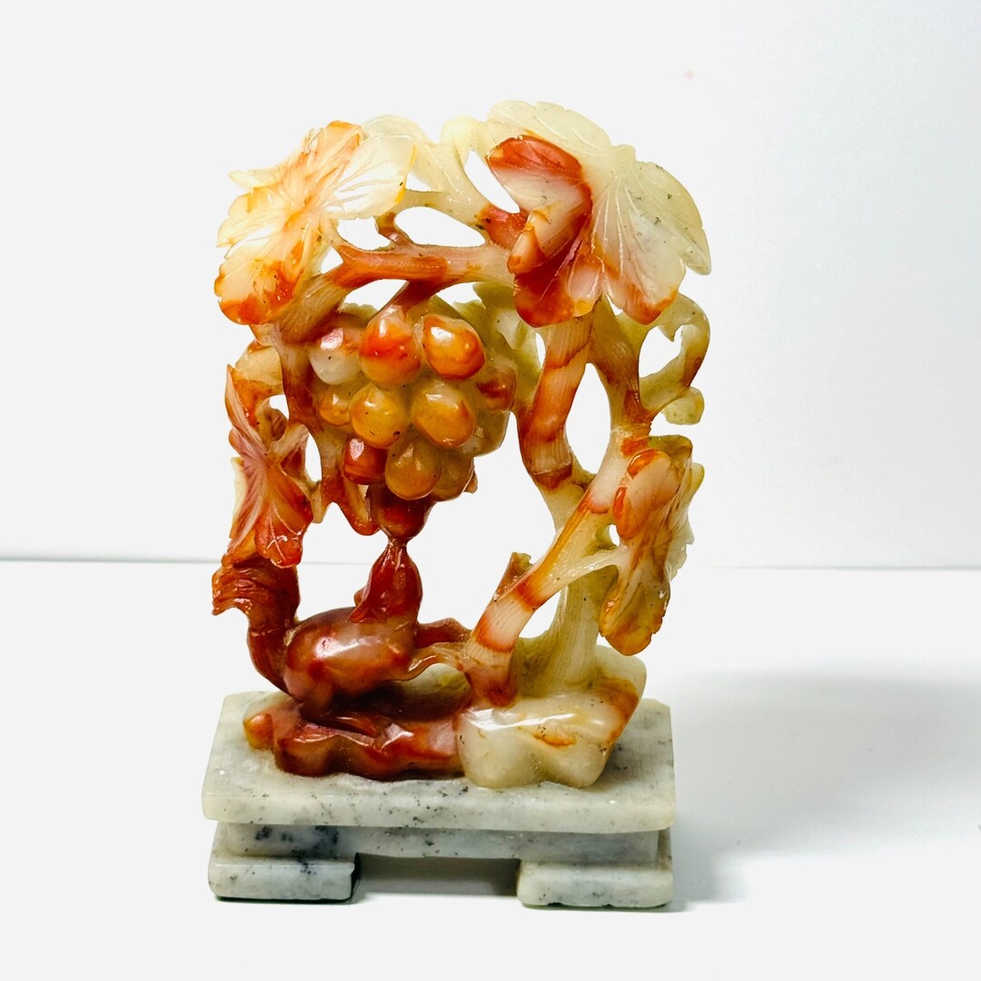 Vintage Chinese Carved Stone on Marble Base Sculpture Squirrel Eating ...