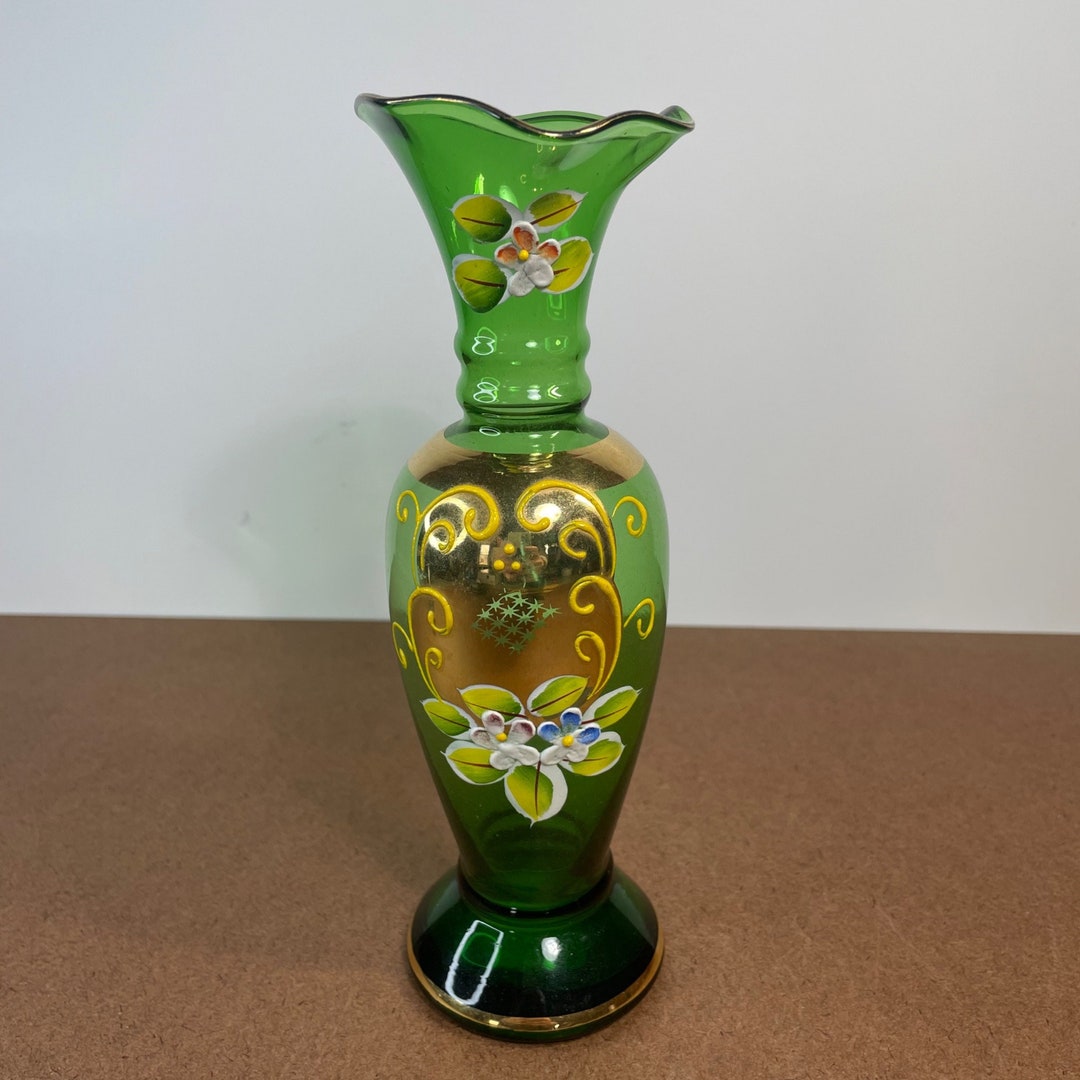 Vintage Hand Painted Italy Green Glass Vase - Etsy