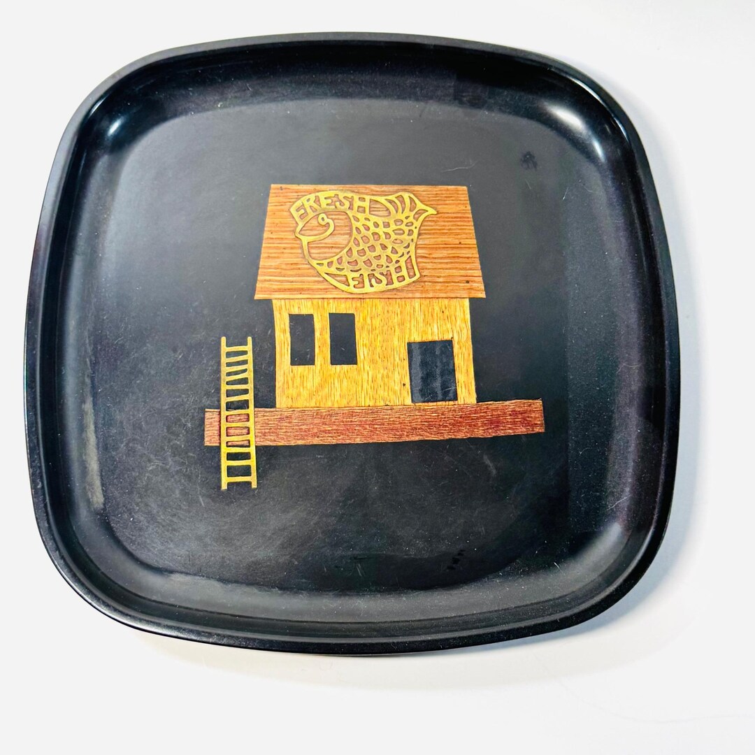 Vintage 1960s 1970s Couroc of Monterey Fish Market Black Tray Wood ...
