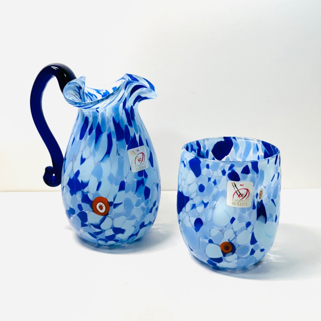 Murano Glass Cup and Small Pitcher Original Stickers Blue Millefiori ...