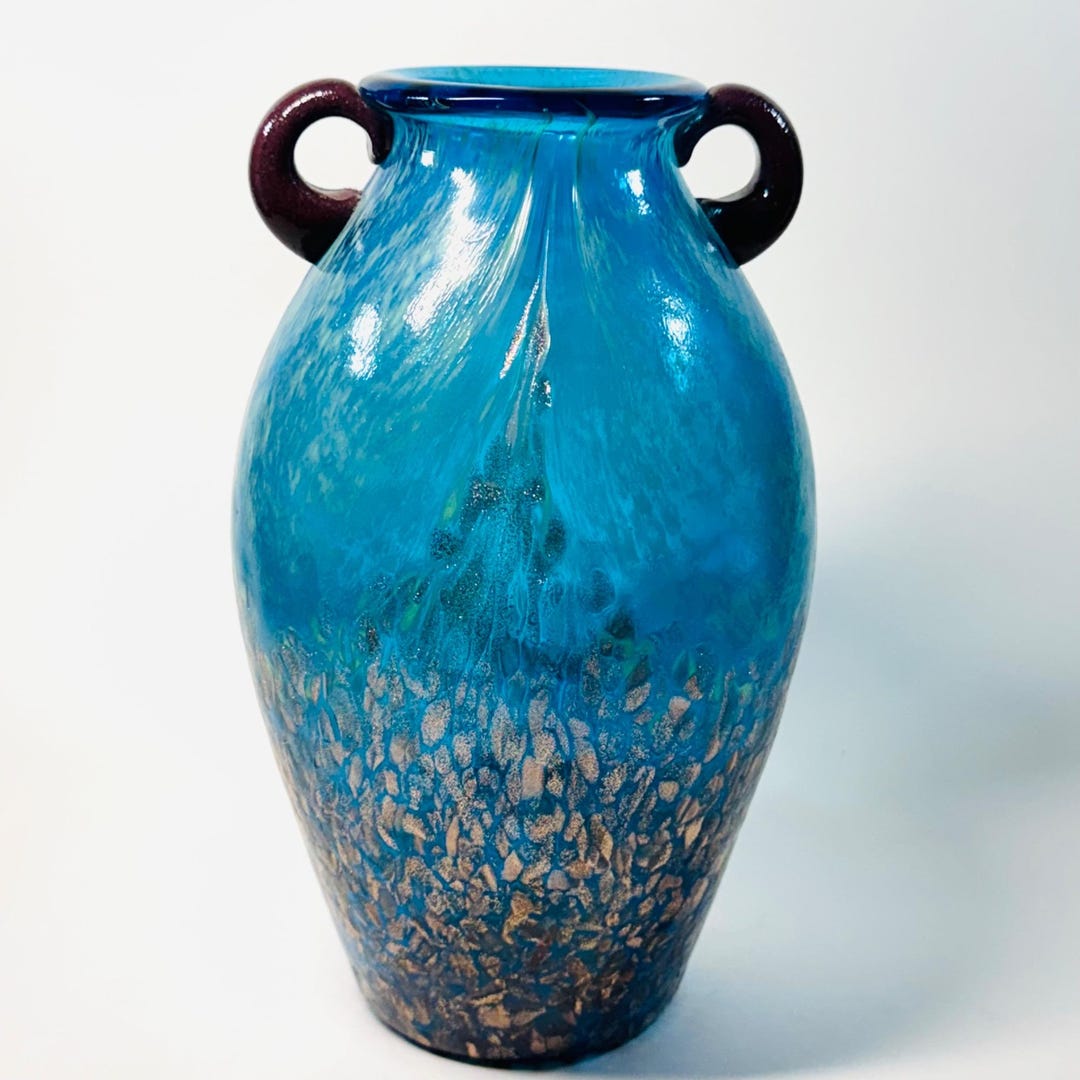 Art Glass Two Handled Vase Gold Fleck Blue Burgandy - Etsy