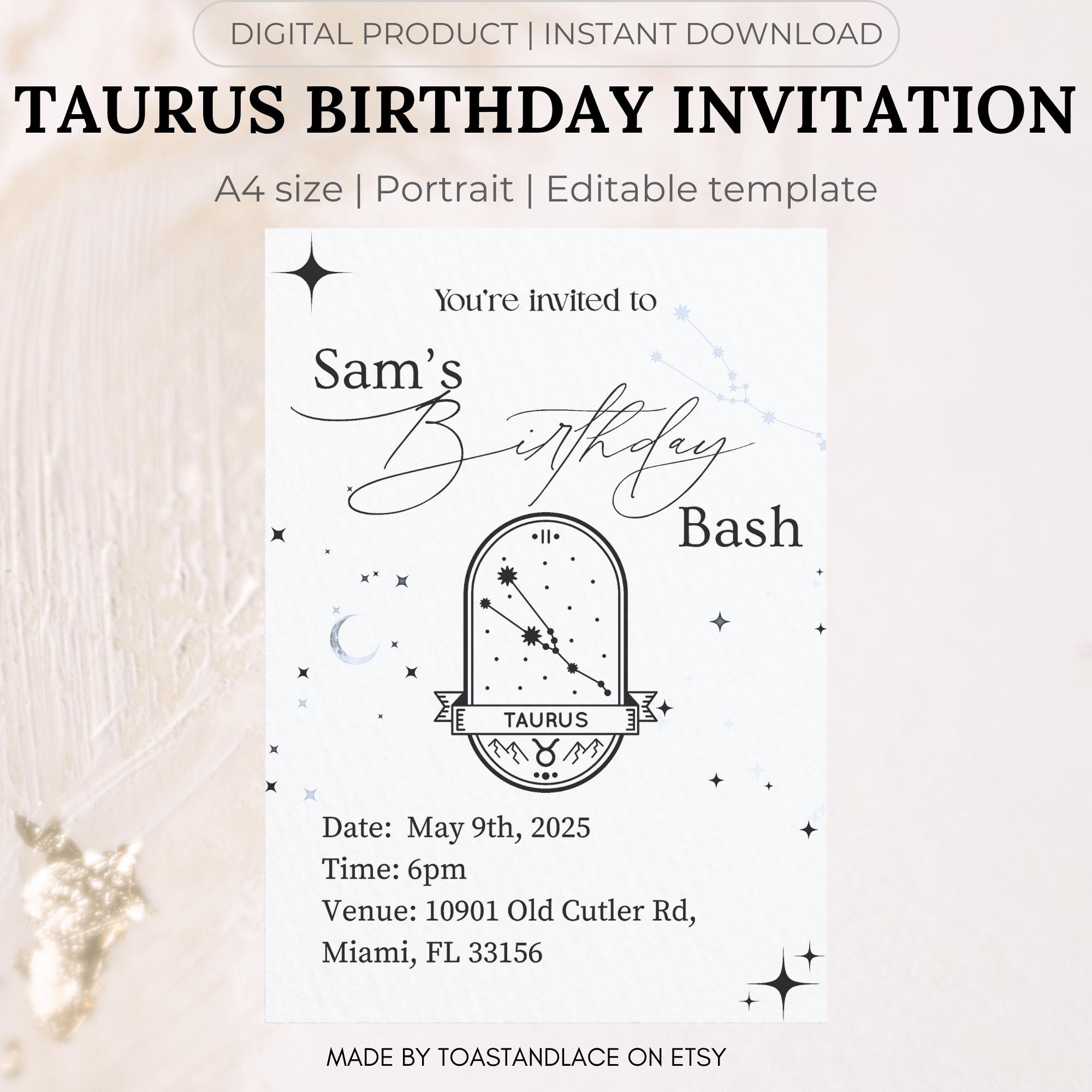 Taurus Birthday Invitation, Printable Zodiac Sign Editable Flyer ...