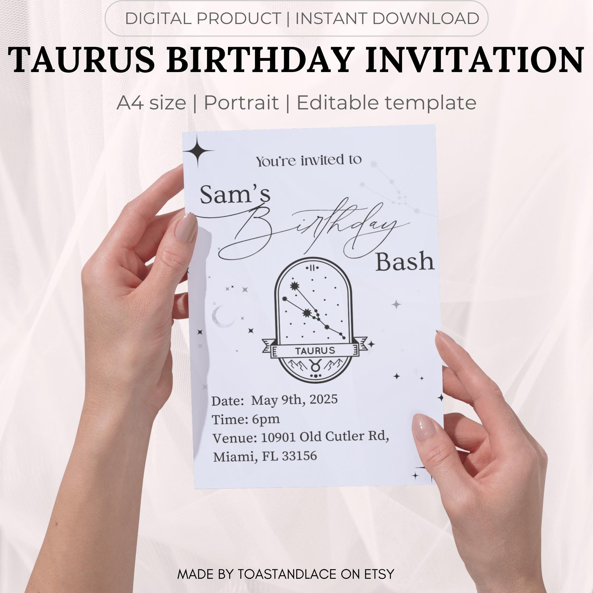 Taurus Birthday Invitation, Printable Zodiac Sign Editable Flyer ...