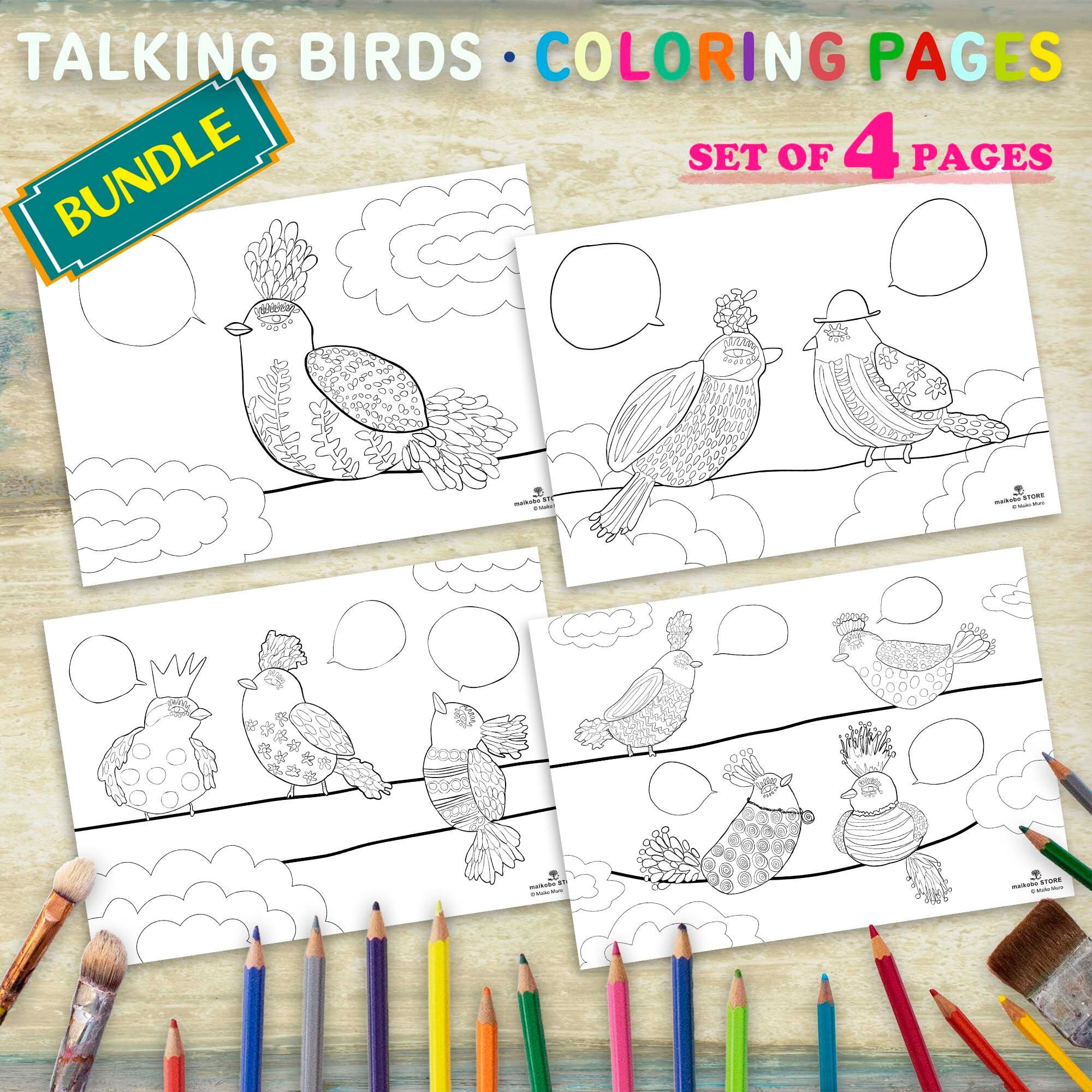 Bundle-a 4 Printable Coloring Pages Talking Birds With the Speech ...
