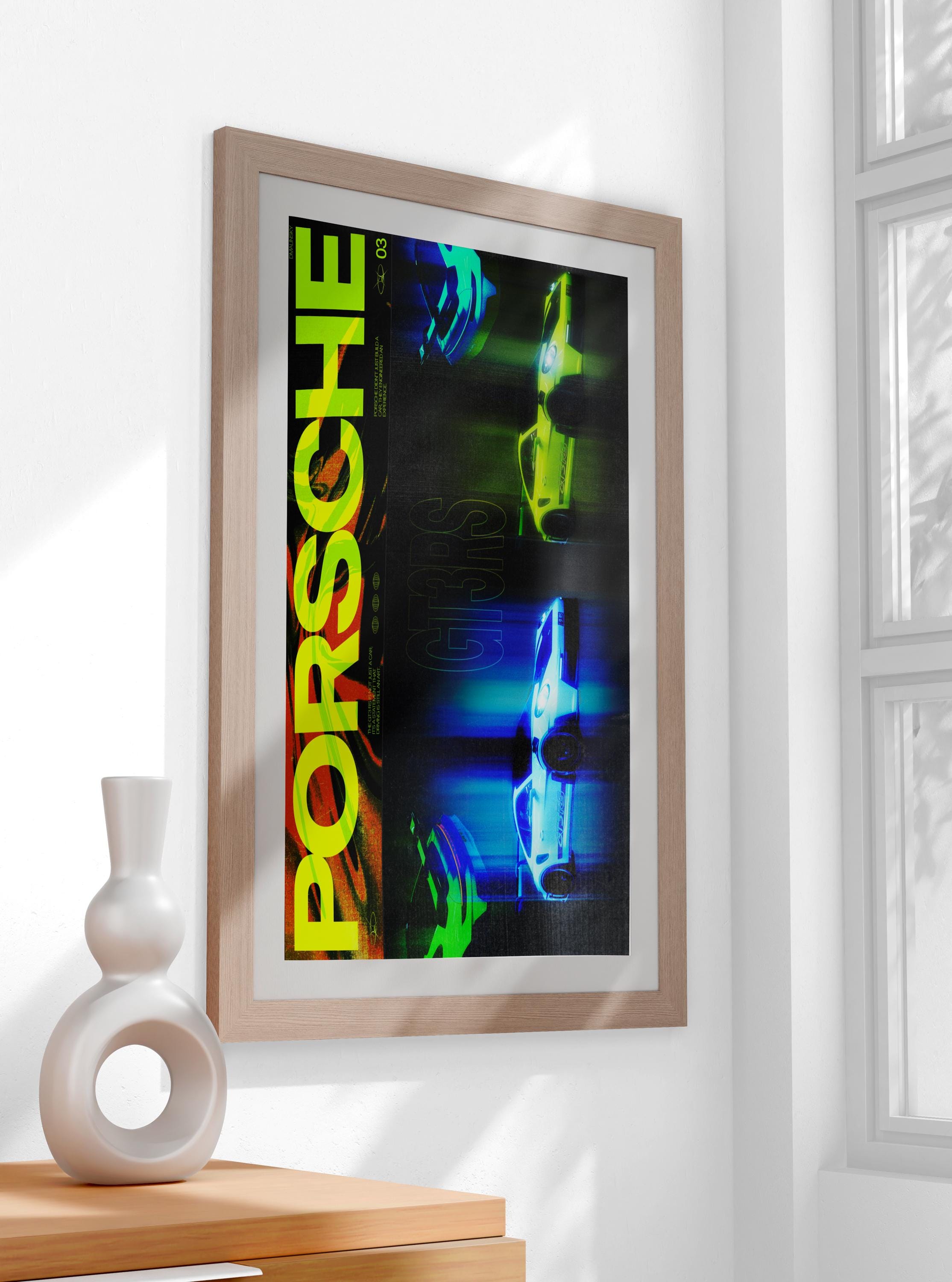 Porsche GT3 RS Poster, Retro Futuristic Car Art, Neon Racing Wall Decor ...
