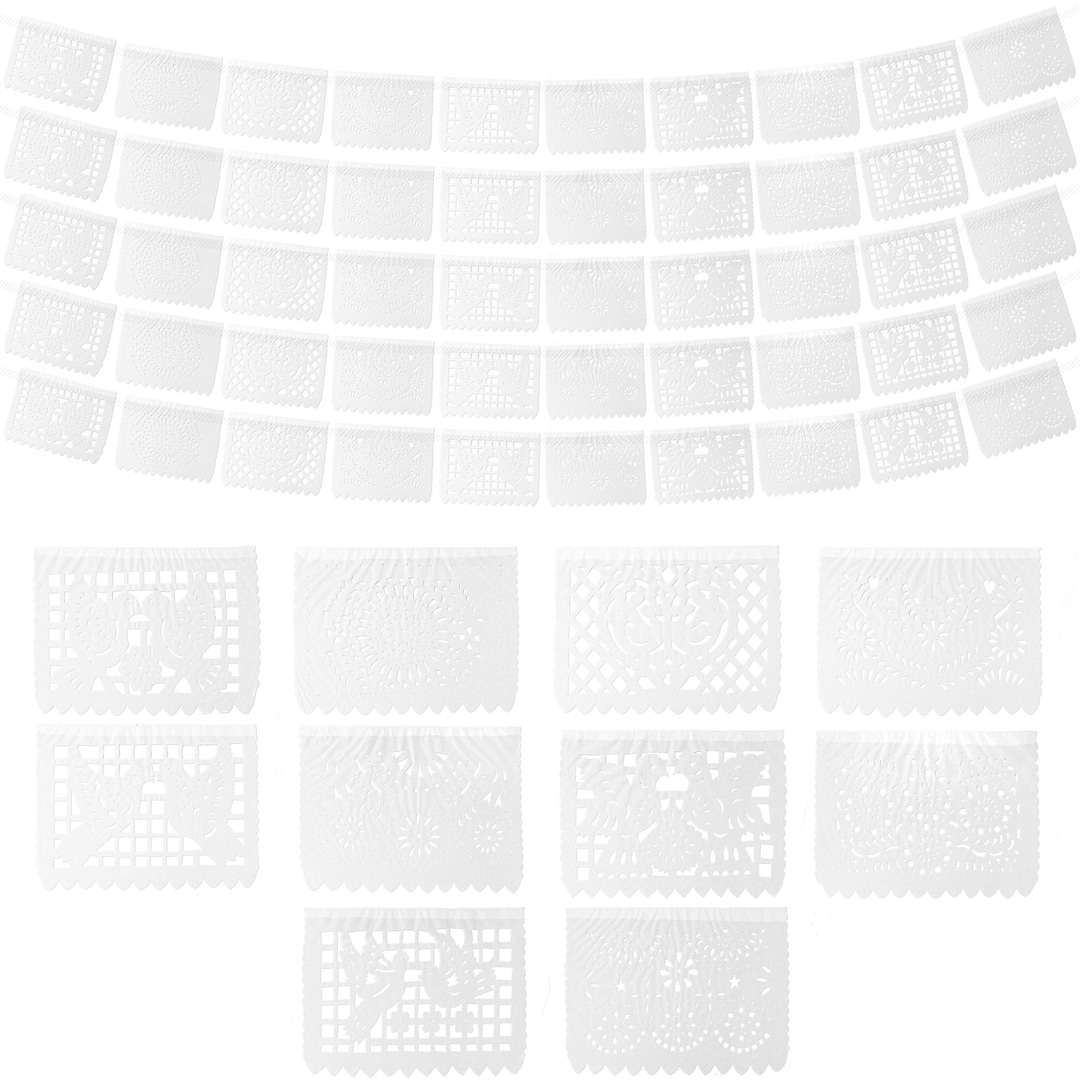 White Papel Picado Banner (5 Pack With 10 TISSUE PAPER Flag Designs per ...