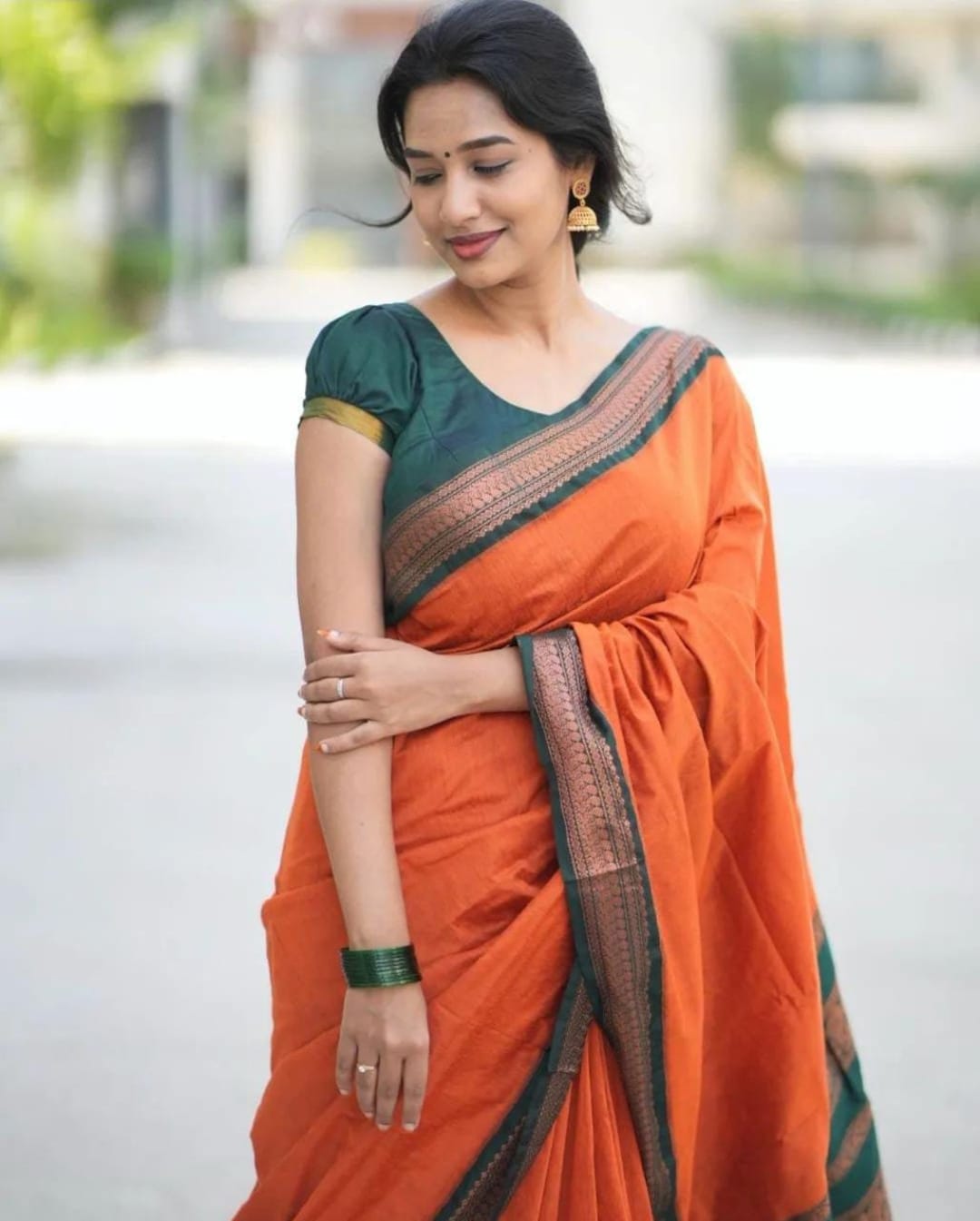 Orange and Forest Green Kalyani Cotton Gatwal Saree, Soft and Smooth ...