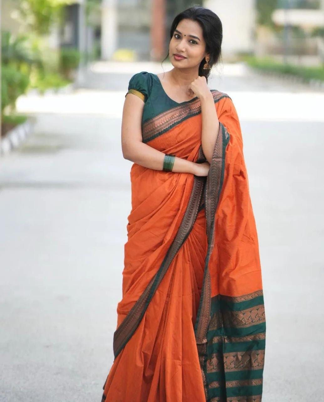 Orange and Forest Green Kalyani Cotton Gatwal Saree, Soft and Smooth ...