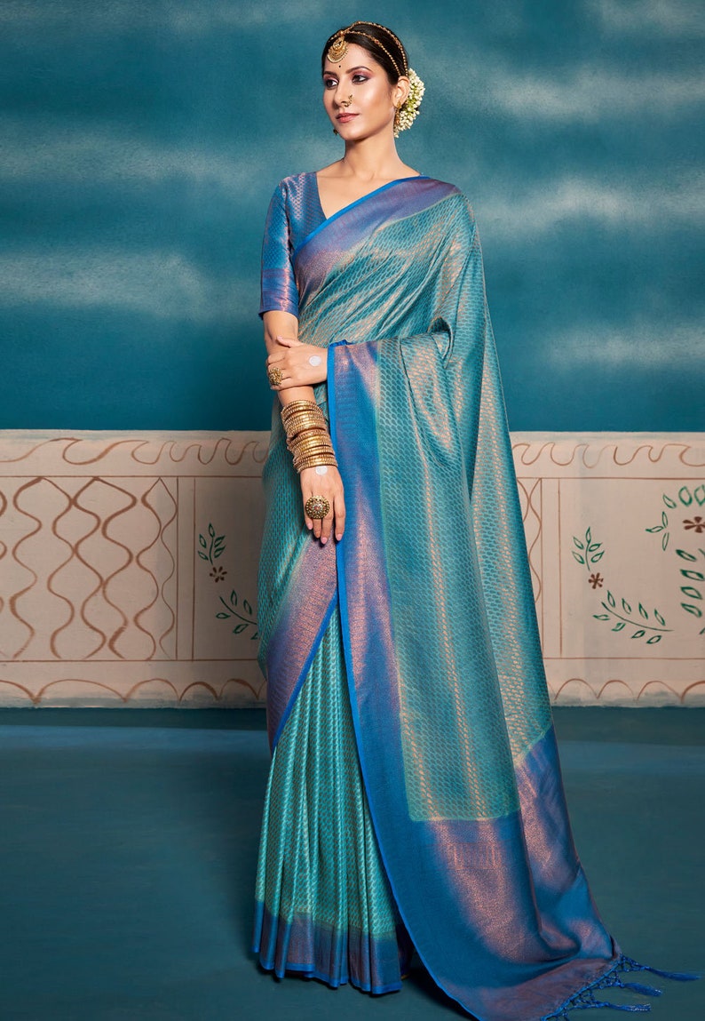 Banarasi Soft Silk Saree in Peacock Blue Lightweight Soft Silk Saree ...
