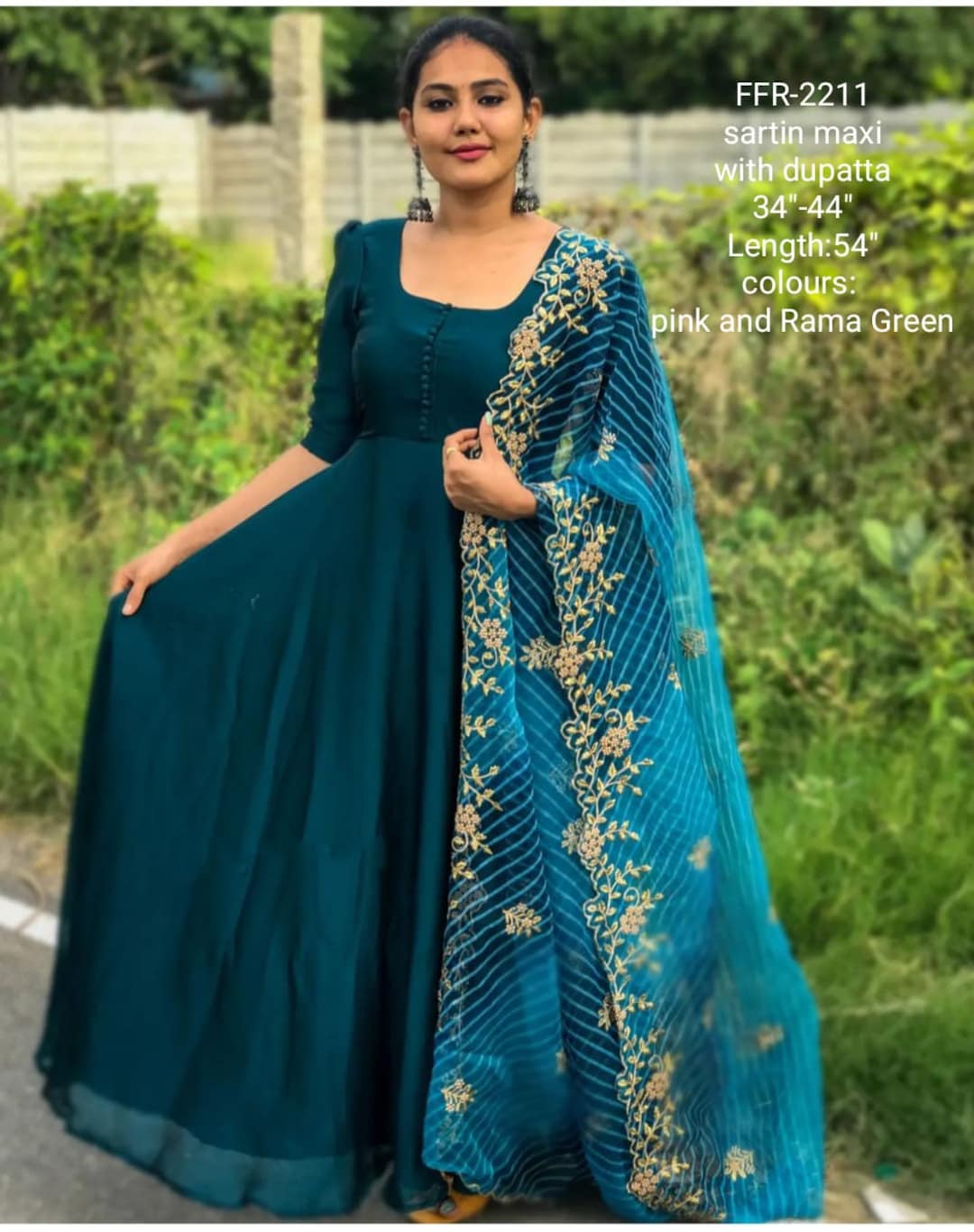 Mesmerising Rama Green Satin Dress With Organza Dupatta, Indian Party ...