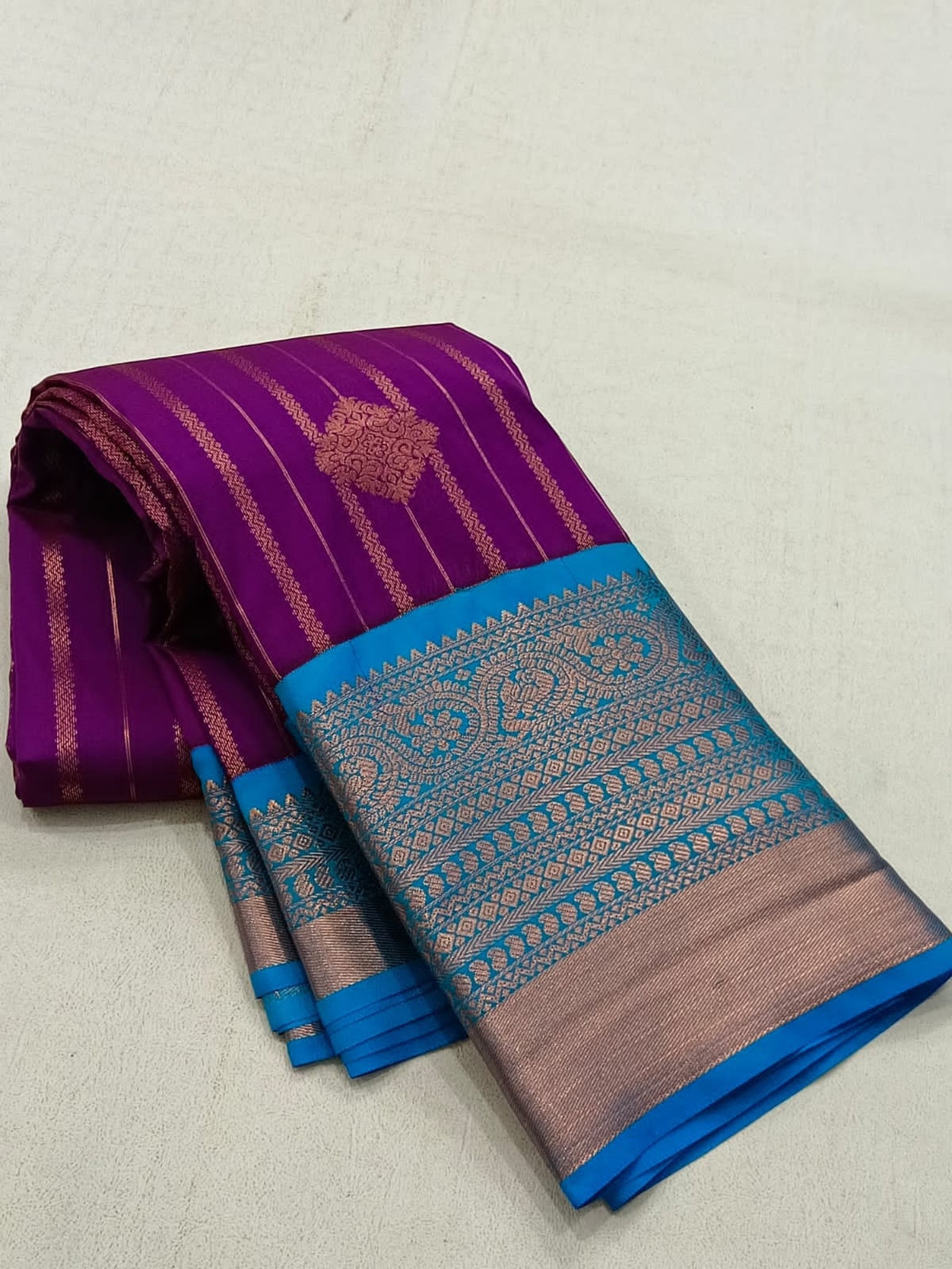 Purple and Sky Blue Pattu Saree Kanjivaram Semi Silk Saree Wedding ...