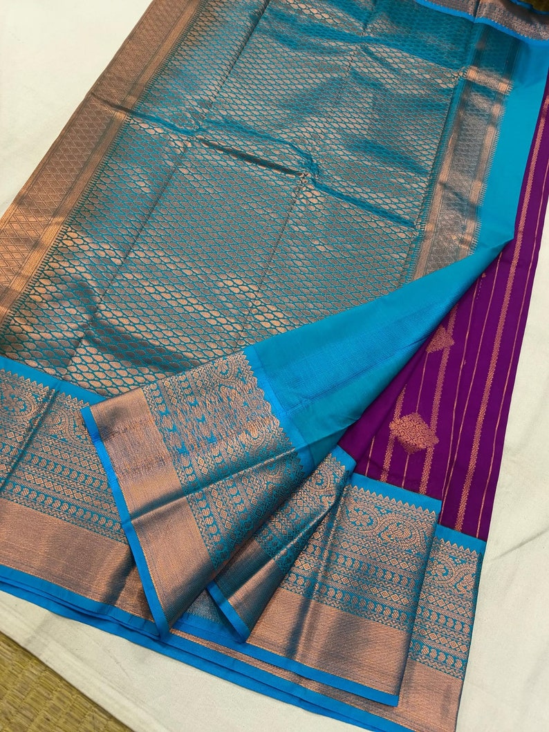 Purple and Sky Blue Pattu Saree Kanjivaram Semi Silk Saree Wedding ...