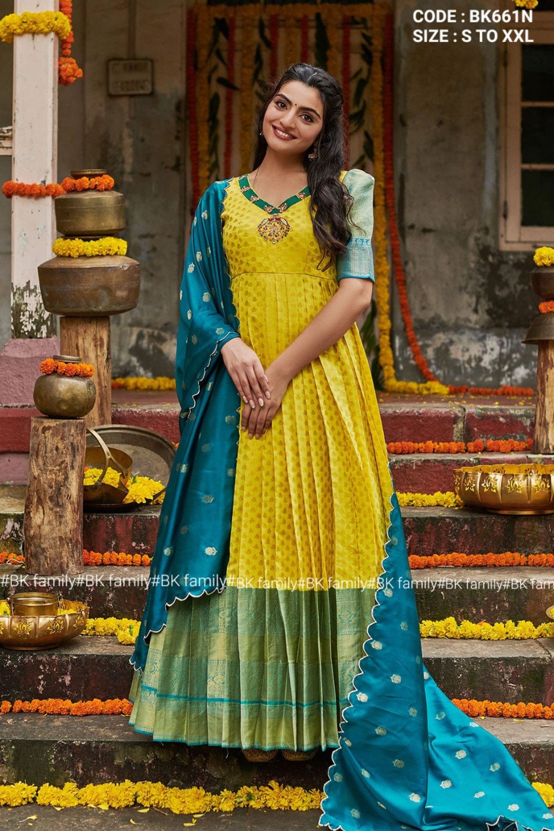 Yellow and Blue Pattu Gown Pattu Dress Ikkat Pattu Dress Lehenga Dress ...