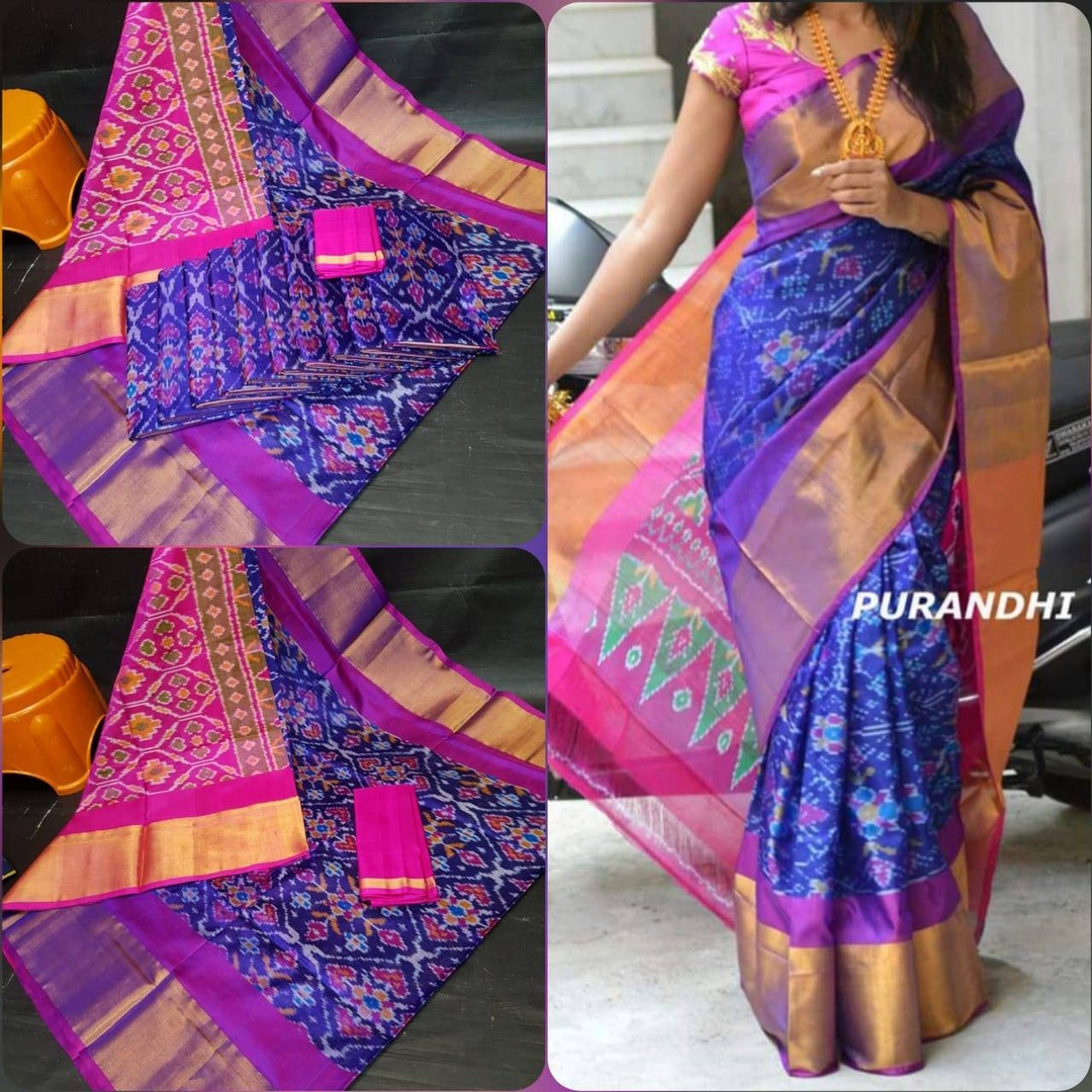 Ikkat Design Uppada Pattu Saree, Pink and Blue With Big Zari Border ...