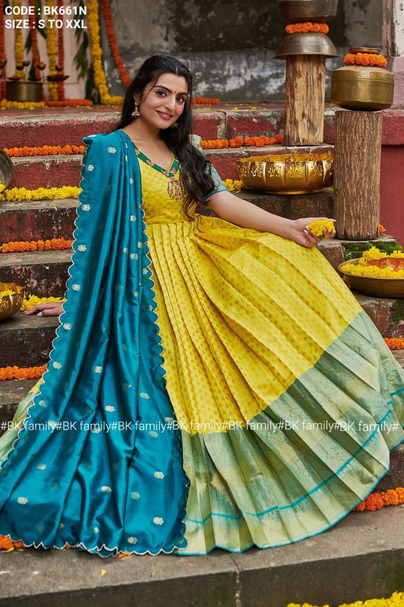 Yellow and Blue Pattu Gown Pattu Dress Ikkat Pattu Dress Lehenga Dress ...
