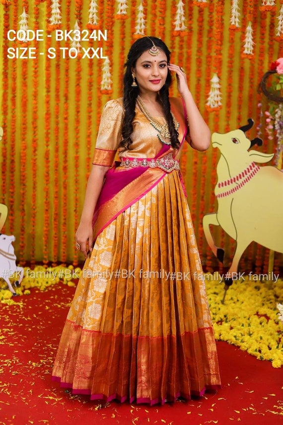 Golden Colored Gown Pattu Gown Pattu Dress Pattu Lehenga - Etsy
