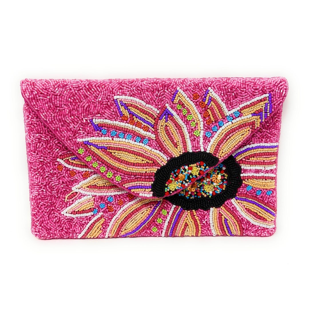 Hand Beaded Pink Fuchsia Clutch Purse, Floral Clutch Bag, Beaded Clutch ...