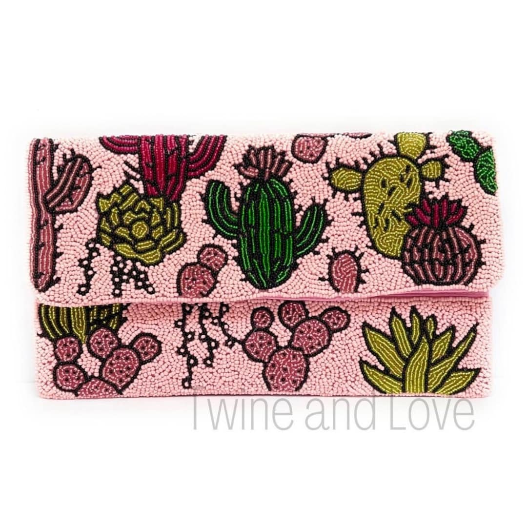 Pink Desert Cactus Beaded Clutch Purse, Succulent Southwestern Boho ...
