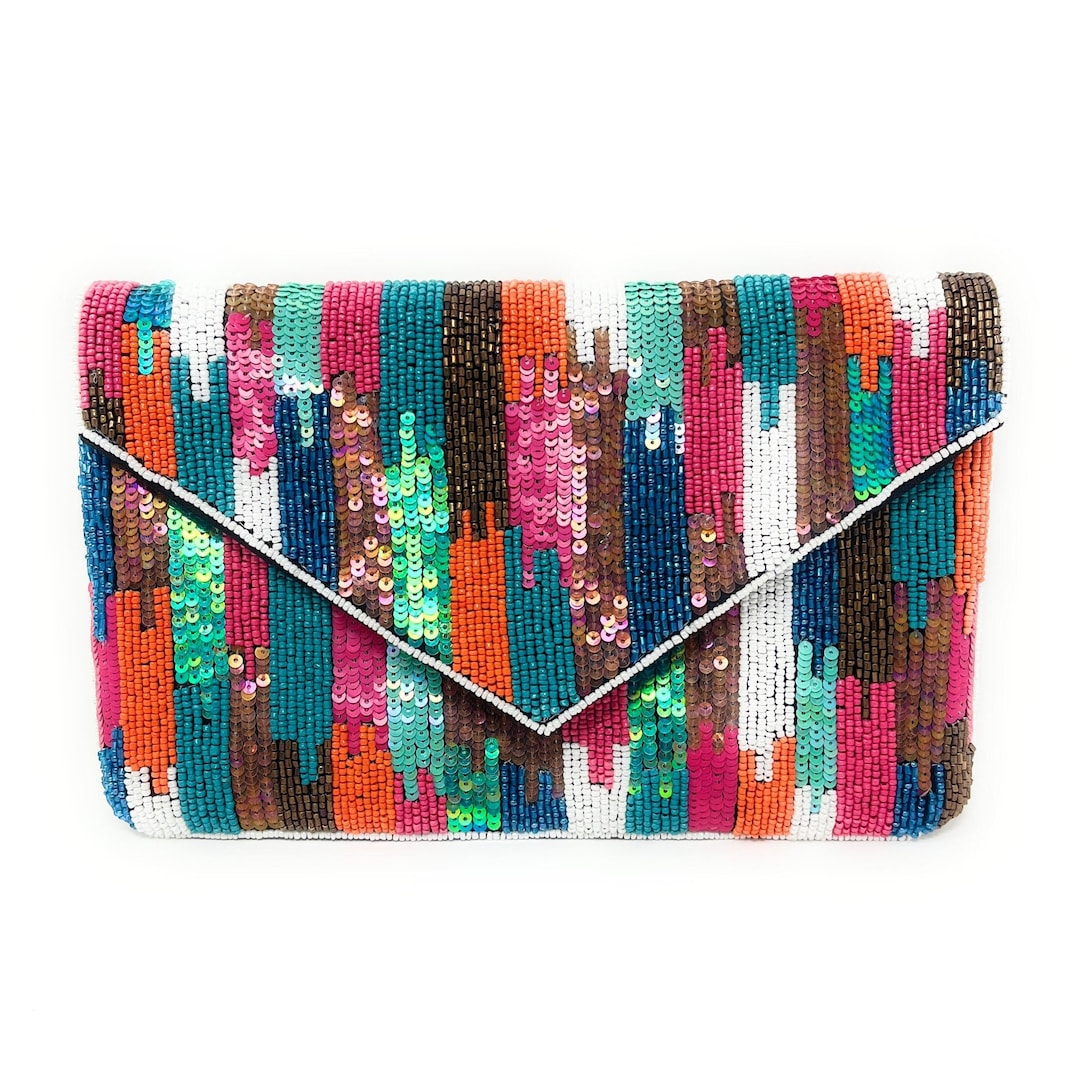 Multicolored Beaded Clutch, Seed Bead Blue Clutch Bag, Muticolor Beaded ...