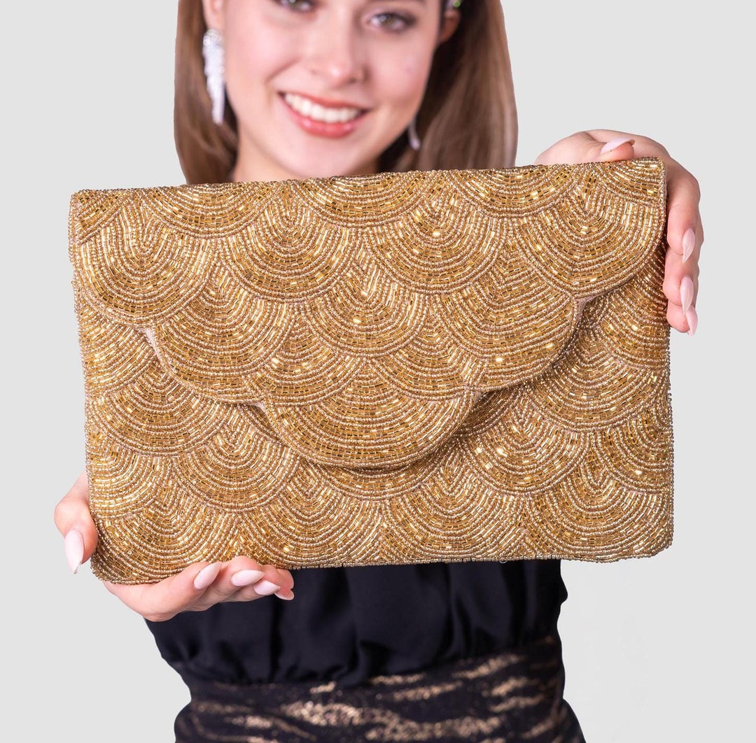 Handmade Beaded Clutch Purse Shimmering Gold, Silver, and Black Evening ...