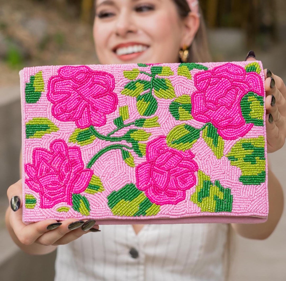 Exquisite Handmade Pink Floral Beaded Clutch - Customizable and ...