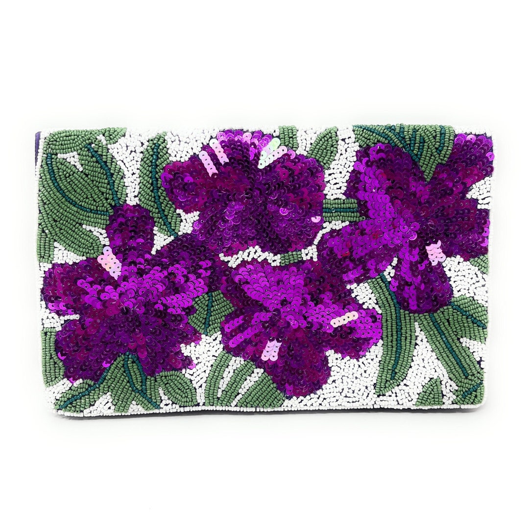 Floral Beaded Clutch Purse, Purple Floral Clutch Bag, Beaded Clutch ...