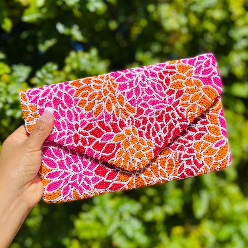 Pink Orange Beaded Clutch Purse Pink Beaded Purse Floral - Etsy