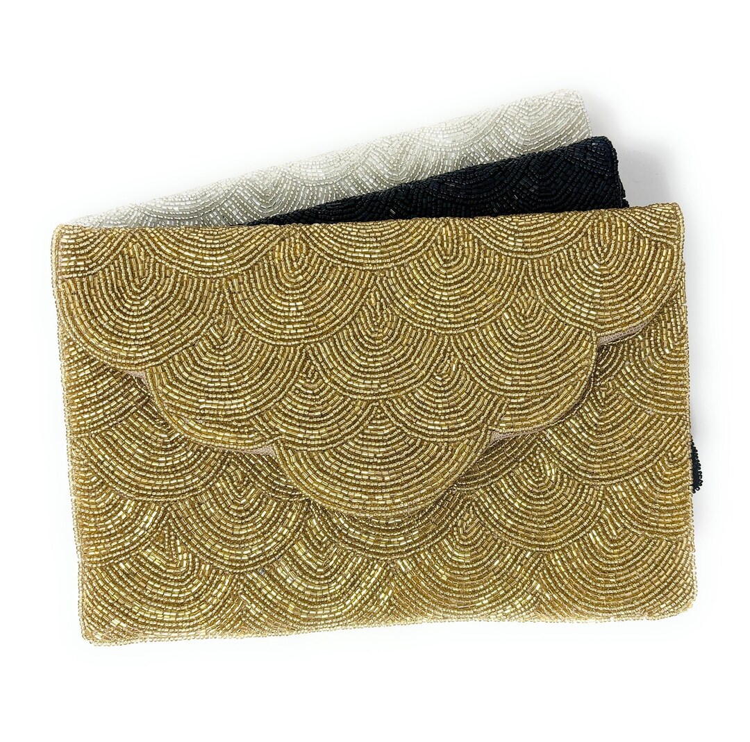Handmade Beaded Clutch Purse Shimmering Gold, Silver, and Black Evening ...