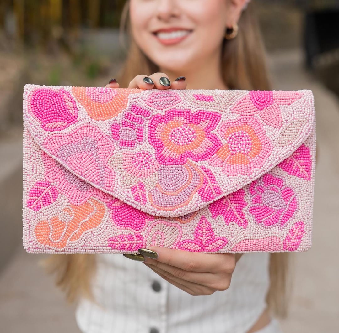 Pink Floral Beaded Clutch Purse, Handmade Party Bag - Etsy