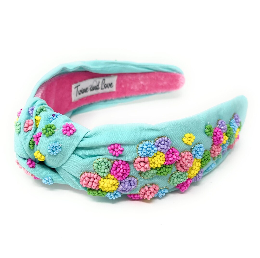 Hand Bead Aqua Blue Knot Headband, Summer Knotted Headband, Wide Floral ...
