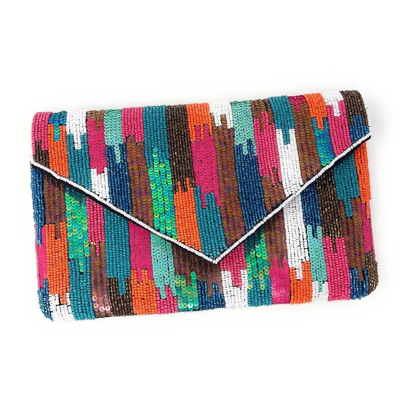 Multicolored Beaded Clutch, Seed Bead Blue Clutch Bag, Muticolor Beaded ...