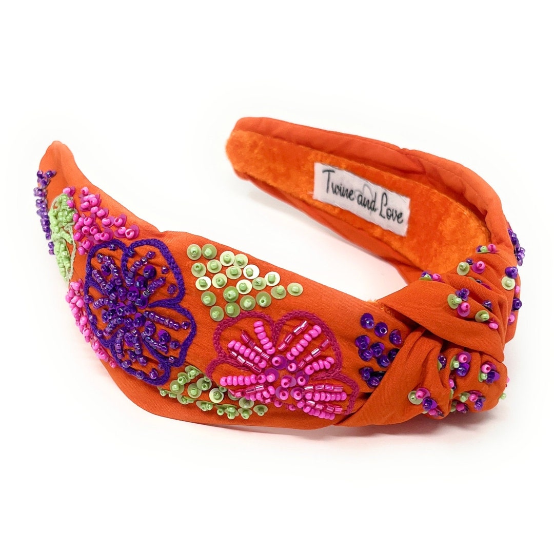 Hand Bead Orange Knot Headband, Floral Knotted Headband, Wide Knot ...