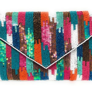 Multicolored Beaded Clutch, Seed Bead Blue Clutch Bag, Muticolor Beaded ...