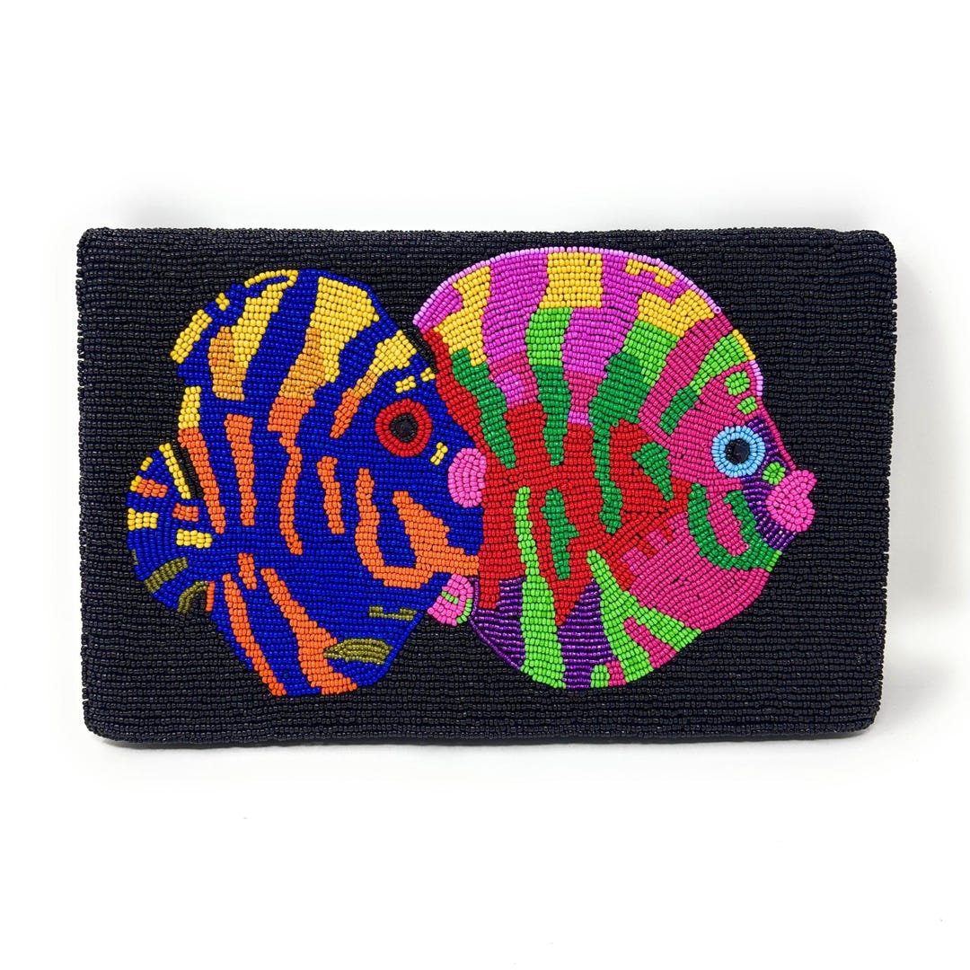 Tropical Fish Beaded Clutch Purse, Black Multicolor Crossbody Bag ...