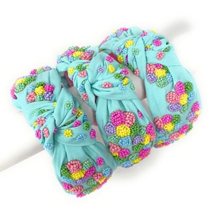 Hand Bead Aqua Blue Knot Headband, Summer Knotted Headband, Wide Floral ...