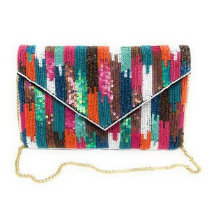Multicolored Beaded Clutch, Seed Bead Blue Clutch Bag, Muticolor Beaded ...
