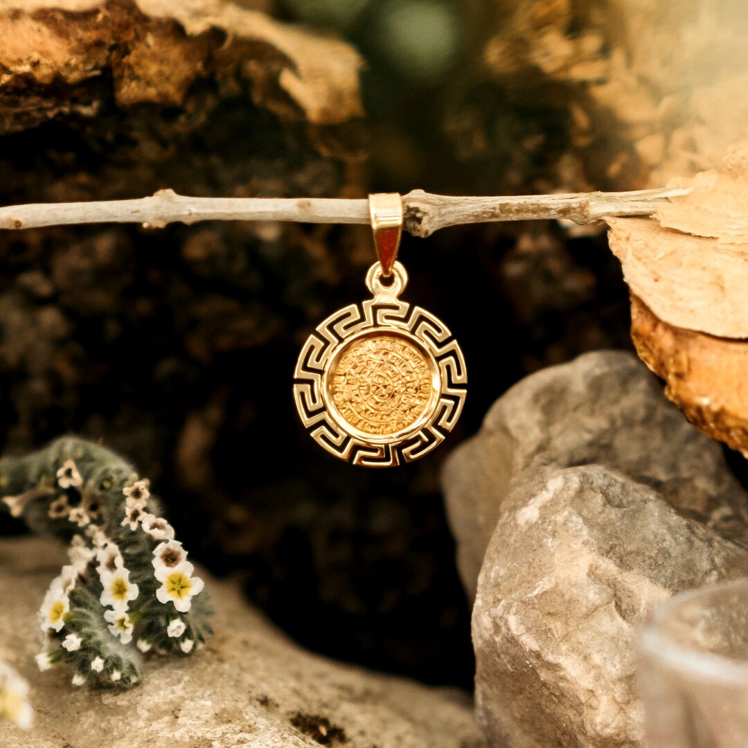 Greek Pendant 14k Yellow Solid Gold Phaistos Disc Meander 18mm. Greek ...