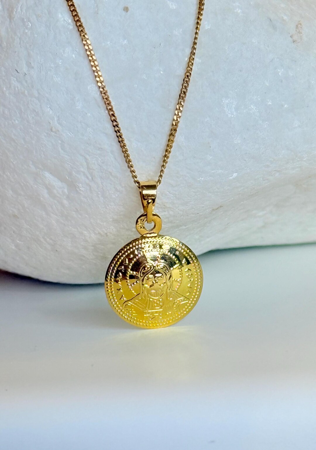 14k Solid Gold Constantine Coin Necklace, 14k Greek Disc Necklaces for ...