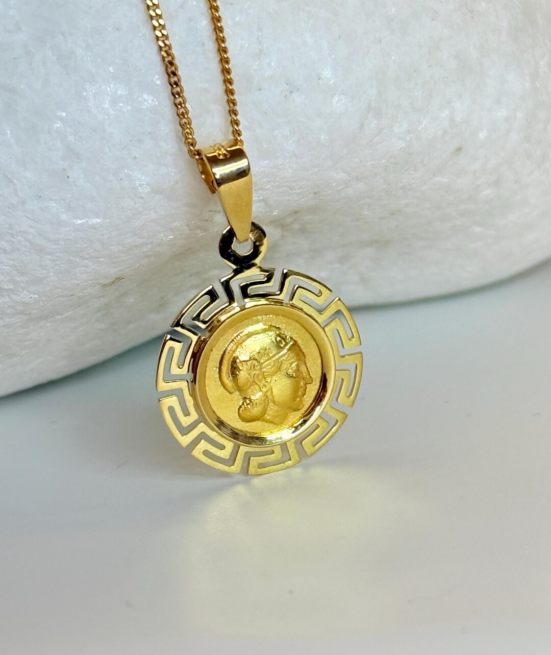 Greek 14k Yellow Solid Gold Goddess Athena-owl Disc Meander 18mm.greek ...