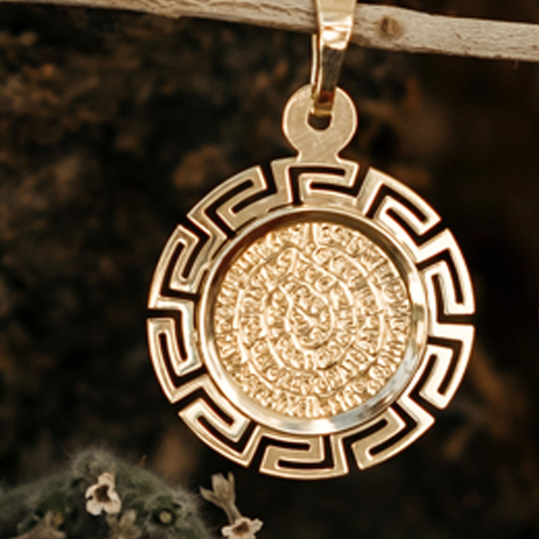 Greek Pendant 14k Yellow Solid Gold Phaistos Disc Meander 24mm. Greek ...