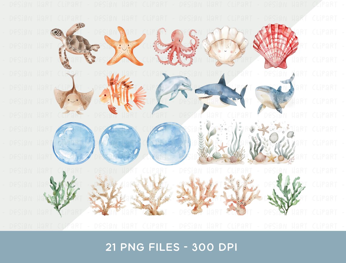 Ocean Clipart Bundle, Watercolor Under the Sea Creatures Animals Beach ...