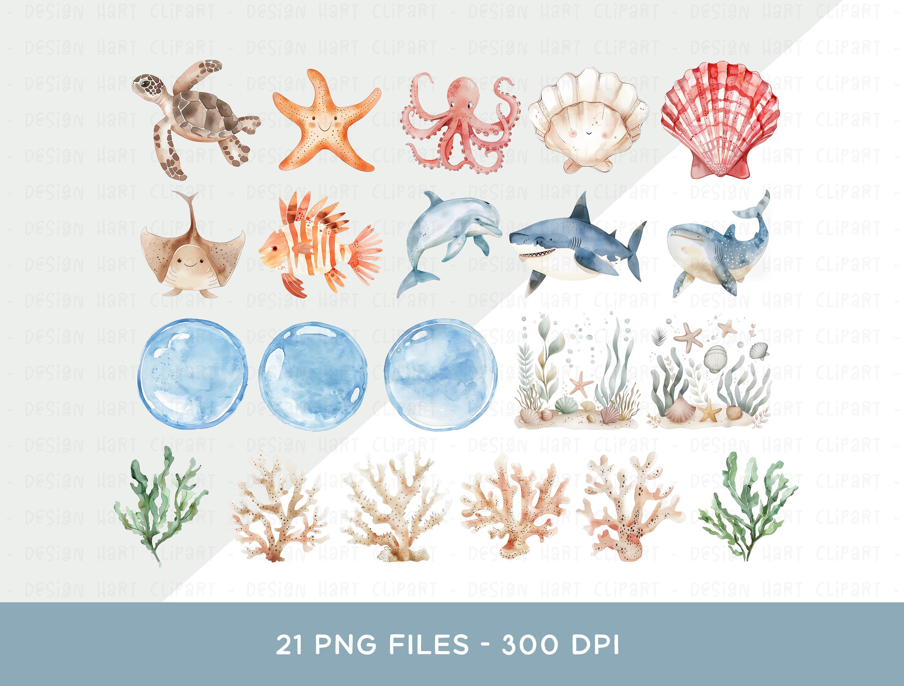 Ocean Clipart Bundle, Watercolor Under the Sea Creatures Animals Beach ...