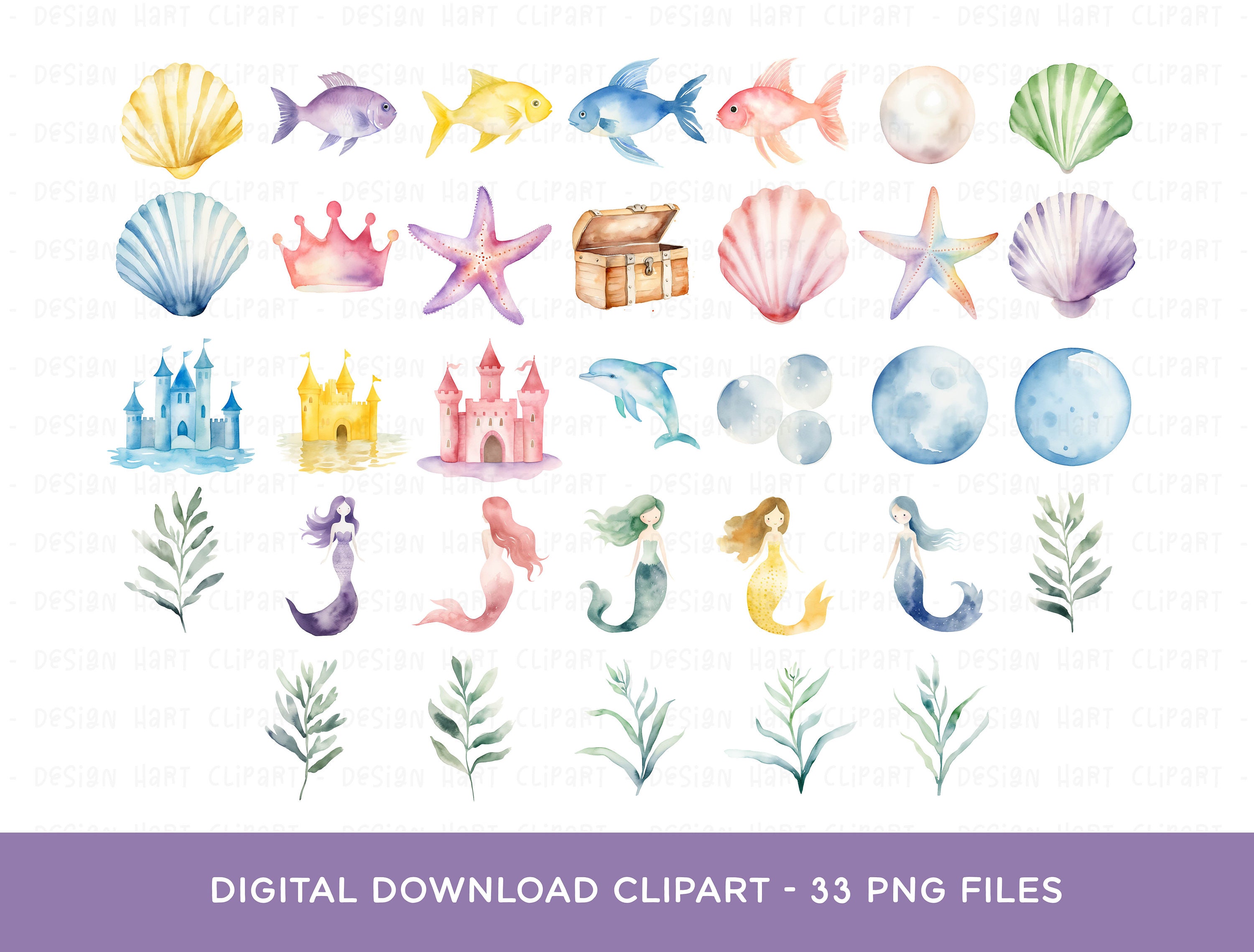 Mermaid Clipart Bundle, Watercolor Ocean Sea Creatures Mermaids Coral ...
