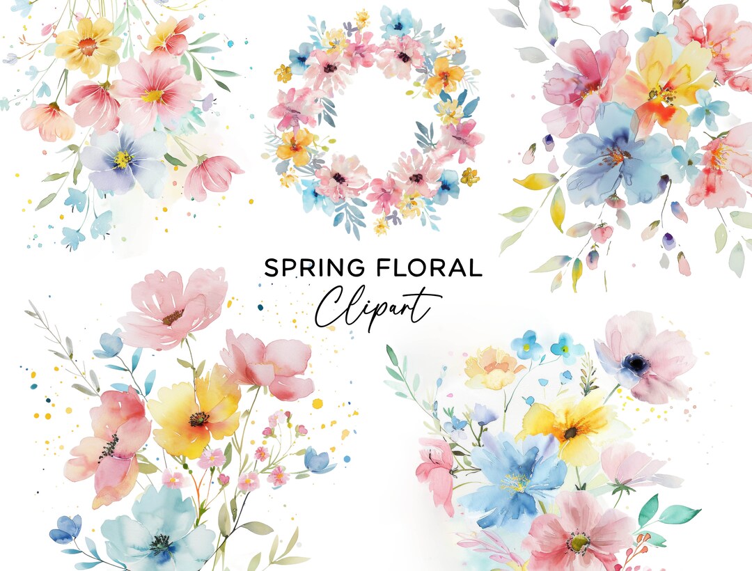 Spring Floral Clipart Bundle: Pastel Watercolor Flowers Wreaths ...