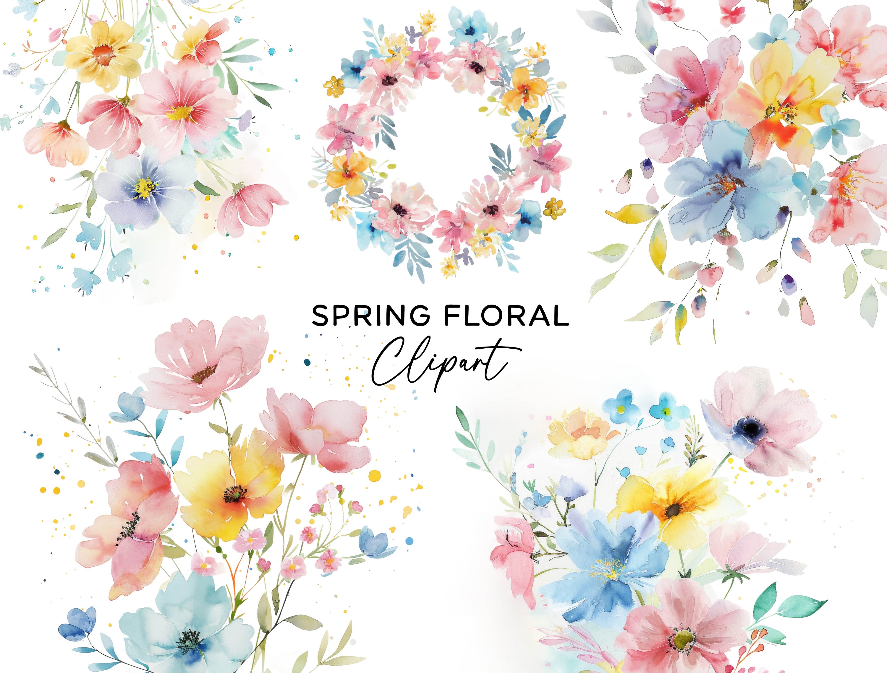 Spring Floral Clipart Bundle: Pastel Watercolor Flowers Wreaths ...