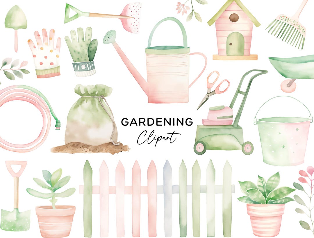 Gardening Clipart Bundle, PNG Digital Download Watercolor Green Pink ...