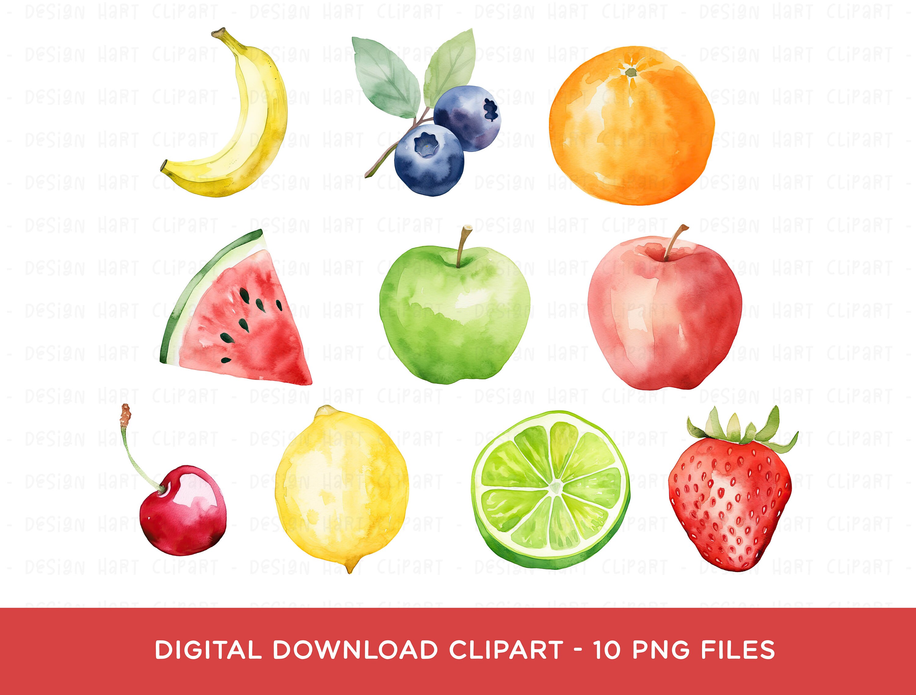 Fruit Clipart Bundle: Watercolor Watermelon Apple Banana Strawberry ...