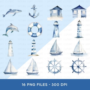 Sailor Clipart Bundle Set, Watercolor Lighthouse Anchor Boat Beach ...