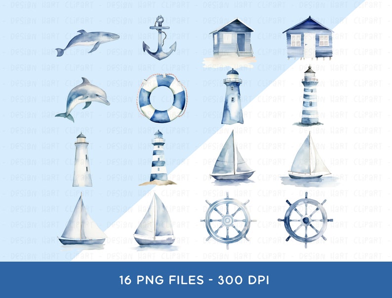 Sailor Clipart Bundle Set, Watercolor Lighthouse Anchor Boat Beach ...